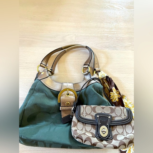 Coach | Bags | Coach Green And Gold Shoulder Bag Brown Signature Wristlet Detachable Scarf ...